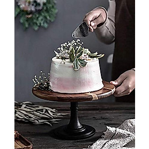 Wood Cake Dessert Stand with Metal Black Matt Base, 8 inches Round Cupcake Holder, Wedding Birthday Party Pedestal Display Plate (Wood, L)