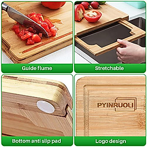 PYINRUOLI Expandable Bamboo Cutting Board With Containers,Over The Sink Cutting Board For Kitchen,Meal Prep deck For Food (Green) Large