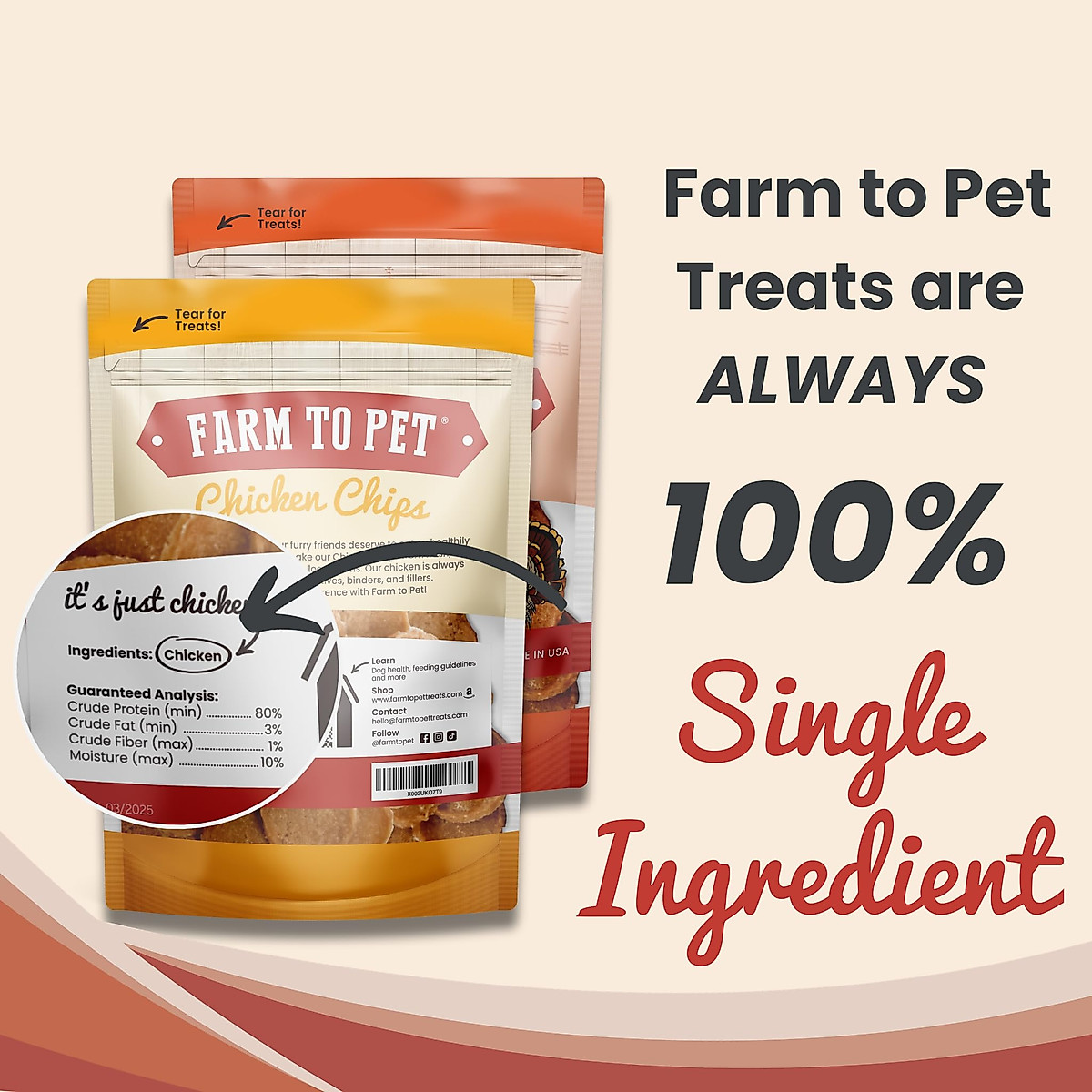 Farm To Pet Dog Training Treats – Chicken & Turkey Chip Protein Pack, 100% All Natural, Single Ingredient Training Treats, Made in USA, for Small, Medium, and Large Dogs