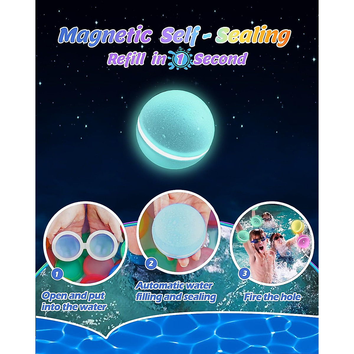 【8 Pack】Glow in The Dark Reusable Water Balloons for Kids Adults Outdoor Activities, Kids Pool Beach Bath Toys, Magnetic Self-Sealing Water Bomb