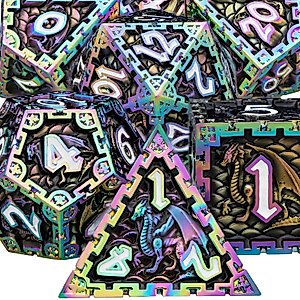 ARUOHHA Metal D&D Dice Set Dragon Design DND Rainbow Dice with Gift Box, D + D 7pcs Large Polyhedral Dice for Dungeons and Dragons RPG Role Playing Games Handmade D and D Dice D20 D12 D10 D8 D6 D4