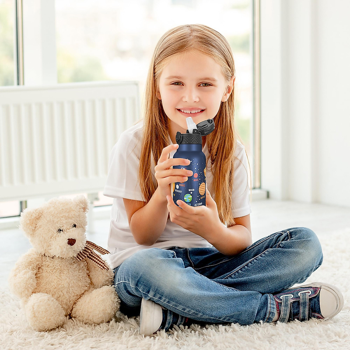 Han's Bottle Kids Water Bottle with Straw Lid - Insulated Stainless Steel Reusable Tumbler for Girls,Boys,Thermo Mug,17oz,Space Planet