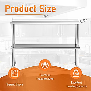 HOCCOT Stainless Steel Double Overshelf 12''x48'' Commercial Double Tier Shelf for Prep & Work Table, Adjustable Height 2 Tier Deck Shelf Load 360lb for Kitchen, Home, Restaurant and Storage Room
