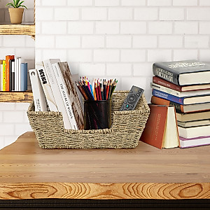 WEAVELYRICS [2-Pack] Seagrass Storage Baskets, Handwoven Trapezoid Baskets, Wicker Baskets with Built-in Handles, Wicker Baskets for Shelves, Counter Organizing, Kitchen, Bathroom or Bedroom