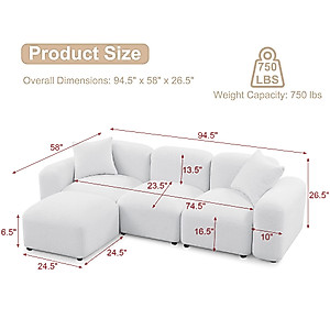 GNIXUU Modular Sectional Sofa, 94.5" Convertible L-Shaped Couch for Living Room, Modern Minimalist Teddy Sherpa Cloud Couches with 2 Comfy Pillows, White