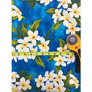 Turquoise Plumerias Hawaiian Print Fabric Sold by The Yard