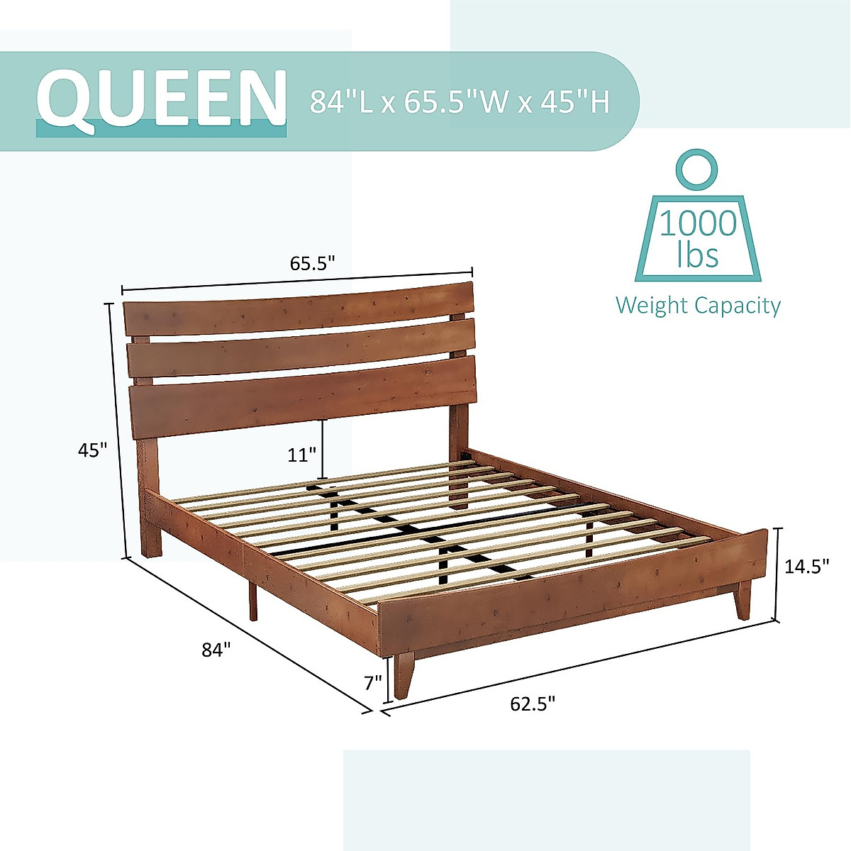 LUXOAK Solid Wood Bed Frame with Headboard, 14 inch Queen Size Japanese Bed Frame, Mid-Century Platform Bed, Solid Wood Slats Support, No Box Spring Needed, Easy Assembly, Walnut