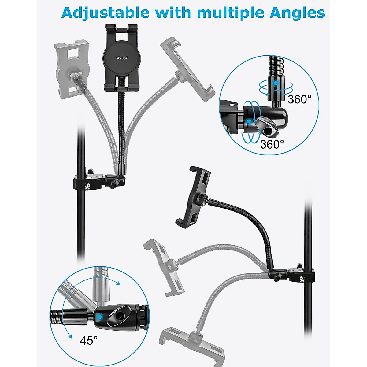 Gooseneck Tablet Mic Stand, woleyi Phone iPad Holder for Microphone Stand [Metal Arm Clamp] 360° Swivel Tablets Music Mount, Compatible with iPad Pro 12.9 Air Mini, iPhone, Galaxy Tabs, 4-13" Devices