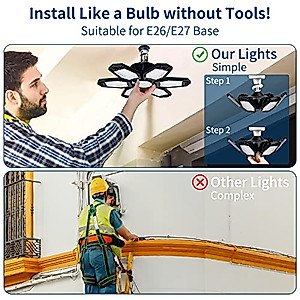 2 Pack Led Garage Ceiling Lights, 160W Deformable LED Garage Lights with 6+1 Multi-Position Panels, 16000LM E26/E27 Led Shop Lights for Garage Workshop Basement Attic Barn