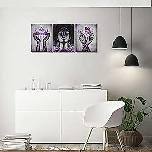 Kalormore Fashion African American Woman Painting Giclee Canvas Prints Elegant Black Girl with Purple Accessories Picture Poster Gallery Wrapped Artwork for Bedroom Makeup Room Decoration