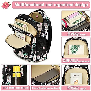 School Backpack Girls Floral Bookbag Teens Water-resistant Schoolbag Kids Insulation Lunch Bag and Pencil Case