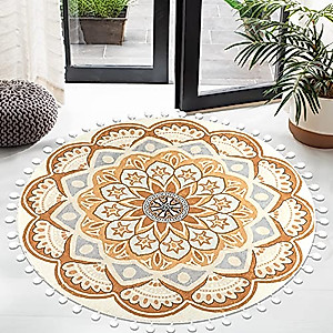 Uphome Round Rug 4ft Yellow Circle Boho Rug with Pom Pom Fringe Non-Slip Washable Living Room Rug Soft Cute Blooming Mandala Throw Rug for Kid's Room Bedroom Entryway Nursery