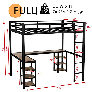 Full Size Loft Bed with Desk and Build in Ladder, Metal Loft Bed with Storage Shelves, L-Shaped Desk and Full Length Guardrail, Full Loft Bed for Kids, Girls, Boys, Teens, Black Loft Bed