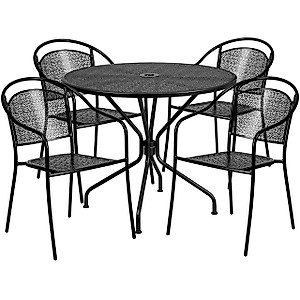 Flash Furniture Oia Commercial Grade 35.25" Round Black Indoor-Outdoor Steel Patio Table Set with 4 Round Back Chairs