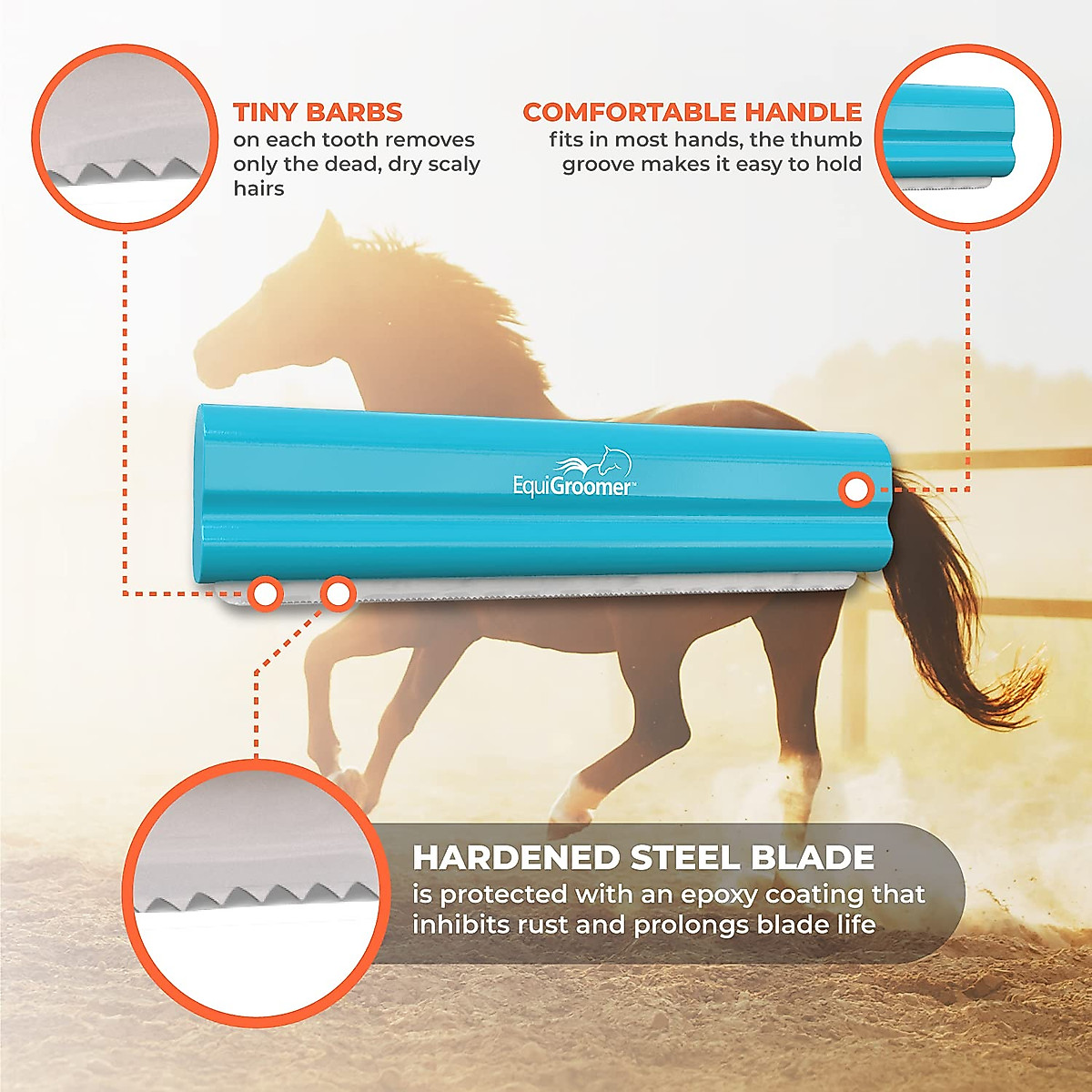 EquiGroomer Deshedding Brush, 8-Inch for Horses and Large Pets, Turquoise, Removes Loose Dirt, Hair, and Fur, Professional Undercoat Grooming Tool