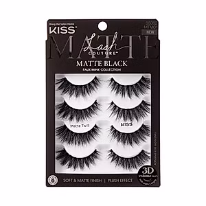 KISS Lash Couture 3D Matte False Eyelashes, Matte Twill', 14 mm, Includes 4 Pairs Of Lashes, Contact Lens Friendly, Easy to Apply, Reusable Strip Lashes