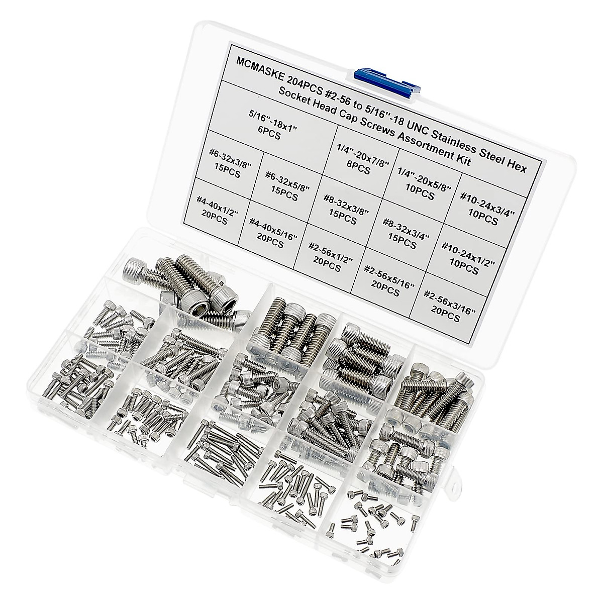 MCMASKE #2-56#4-40#6-32#8-32#10-24 1/4"-20 5/16"-18 UNC 304 Stainless Steel Socket Head Cap Screws Assortment Kit