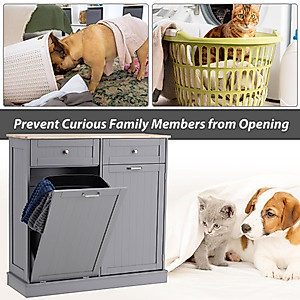 Spurgehom Dual Door Tilt Out Trash Can Cabinet,13 Gallon Laundry Hamper Trash Cabinet Kitchen Waste Bins Pull Out, Pet Proof Recycling Cabinet for Living Room,Grey