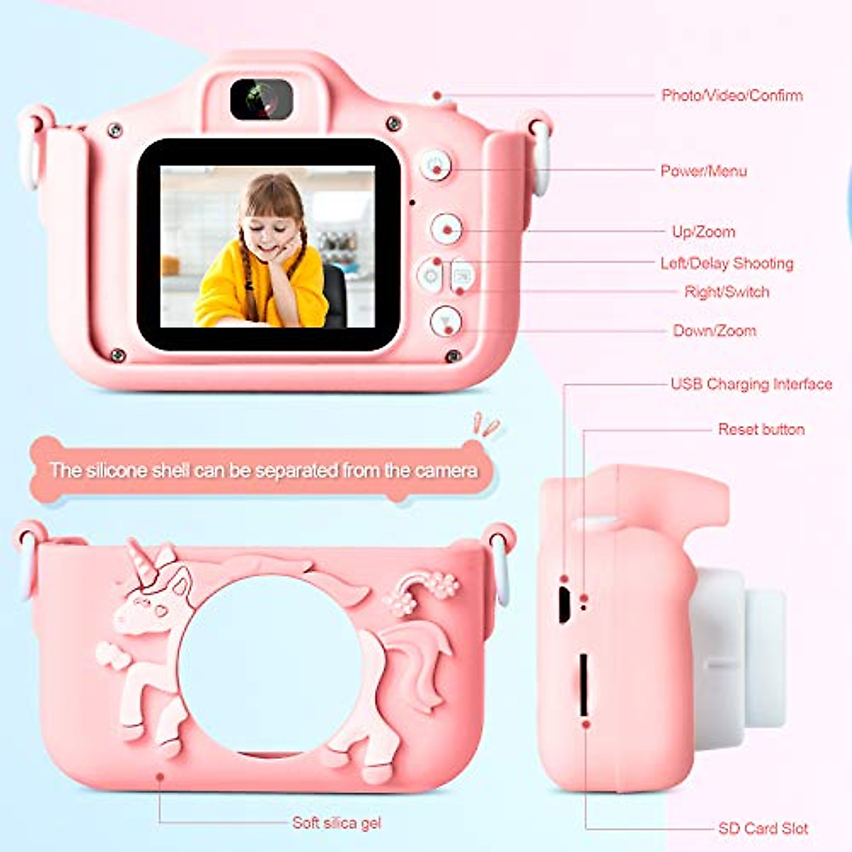 DAOKEY Upgrade Kids Camera for Girls, 1080P HD Digital Toddler Cameras for Children Birthday Festival Gift, Unicorn Camera for 3 5 6 7 8 9 Year Old Boys 20MP… Pink