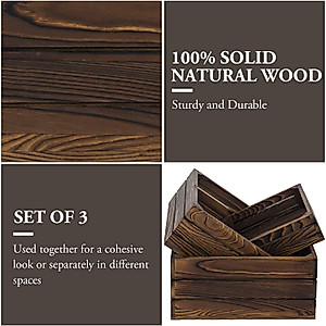 MyGift Rustic Burnt Dark Brown Solid Wood Reversible Stackable Display Box Riser Stands or Decorative Square Crate Style Nesting Storage Bins, 3-Piece Set