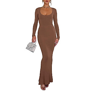 REORIA Womens Sexy Casual Scoop Square Neck Long Sleeve Soft Lounge Long Dress Fall Wedding Guest Elegant Ribbed Bodycon Maxi Dresses Coffee X-Small