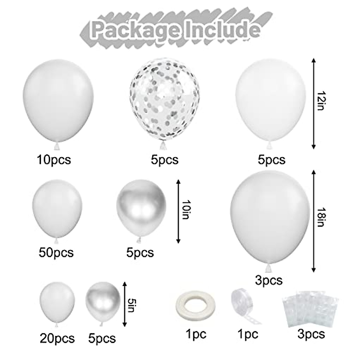 White Silver Balloon Garland Arch Kit,106pcs Balloons Set Included White Metallic Silver Clear and Confetti Balloons Decorations For Birthday Wedding Bridal Shower Baby Shower Bachelorette Party Decor (White Silver)