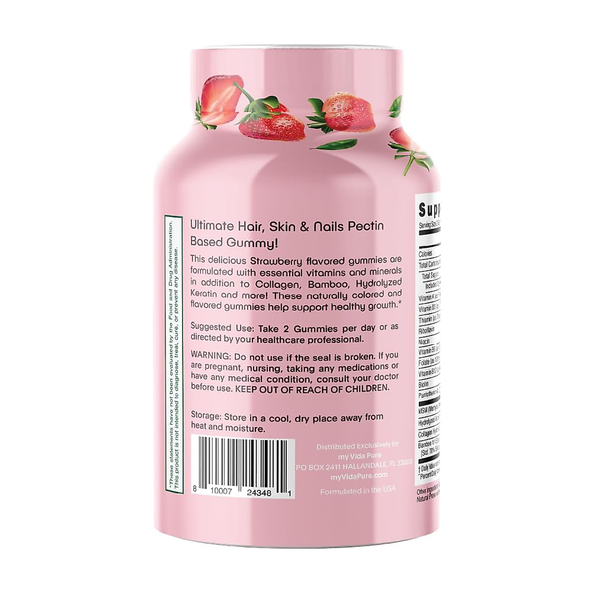MYVIDAPURE Hair Skin Nails. Biotin, MSM, Vitamin D3, Collagen, Hydrolyzed Keratin, Vitamin A, Riboflavin, Natural Strawberry Flavor, Color Non GMO, Gluten Free (60 gummies)