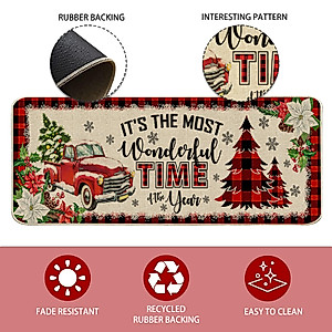 cusugbaso Christmas Kitchen Mats, Merry Christmas Kitchen Rugs Set of 2 - Red Buffalo Plaid Christmas Kitchen Decor - Truck Christmas Decorations for Bathroom,Floor,Indoor,Home 17"x27+17"x47"