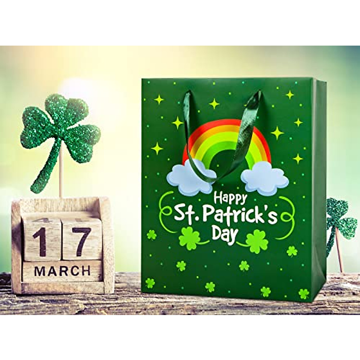 Hohomark St Patrick's Day Gift Bags 13" Large Irish Shamrock Bag with Tissue Paper Green Clover Gift Wrapping Bag Kids Classroom Party Favor Supplies