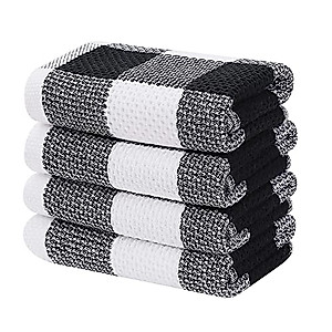 Homaxy 100% Cotton Waffle Weave Check Plaid Kitchen Towels, 13 x 28 Inches, Super Soft and Absorbent Dish Towels for Drying Dishes, 4-Pack, White & Black