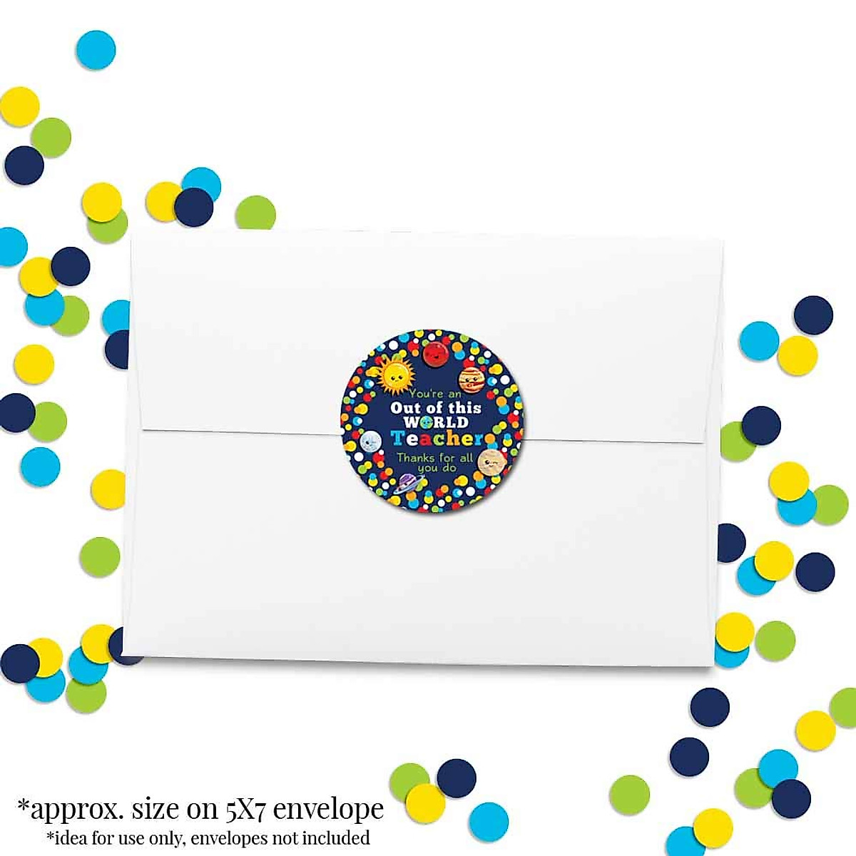 Out of This World Outer Space Themed Teacher Appreciation Thank You Sticker Labels, 40 2" Party Circle Stickers by AmandaCreation, Great for Envelope Seals & Gift Bags