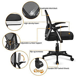 Yaheetech Home Office Chair Work Desk Chair Swivel Computer Mesh Chair with Flip-up Arms Adjustable Height Lumbar Support Executive Office Task Chair for Home Office Students Study, Black