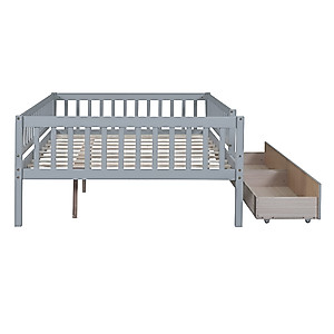 Polibi Full Size Daybed,Wood Full Day Bed Frames with Two Drawers and Safety Guardrails for Bedroom Living Room Kids Adults, Gray
