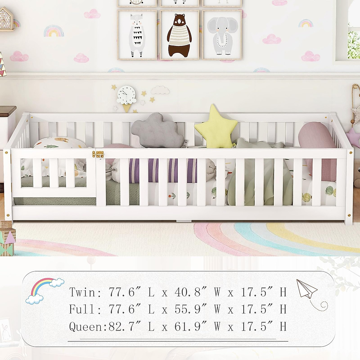 GEEVIVO Twin Size Montessori Floor Bed, Kids 1-3 Wooden Playhouse Bed Frame w/Door, Slats and Safety Fence, Floor-Bed-Frame for Children Bedroom, Boys Girls, Kids Playroom