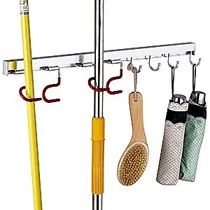 Cavoli Mop and Broom Organizer Wall Mounted, 4 Adjustable Holder and 3 Hooks,Storage Solutions for Broom Holders, Metal and Easy Clean