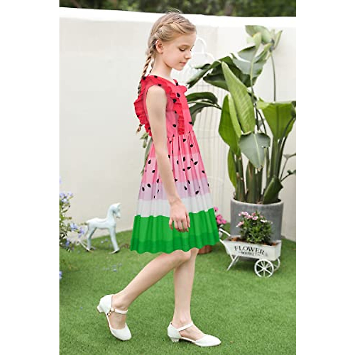 Goodstoworld Little Girls Dress Size 5 6 Toddler Summer Watermelon Beach Dresses 5T 6T Girl Kids Pink Ruffle Sleeveless Graduation Sundress Cute Casual Outfits Fruit Strechy Frocks