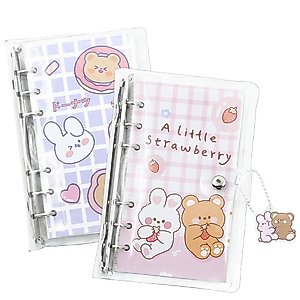 2 Pcs Binder Notebook,Rabbit Bear 6 Round Ring Loose Leaf Binder Small Diary Journal Planning Pocket Notebook with Transparent PVC Cover Pendant Sticker Gift for Kid Office Christmas Easter Birthday