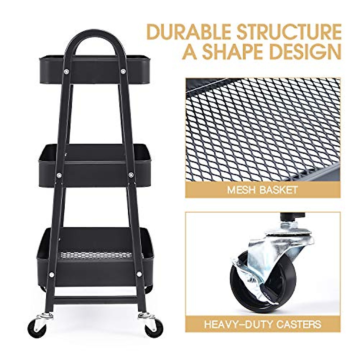 KINGRACK 3-Tier Rolling Cart, Metal Rolling Storage Cart with Lockable Wheels, Mobile Trolley Cart for Kitchen, Bathroom, Office, Workshop, Black