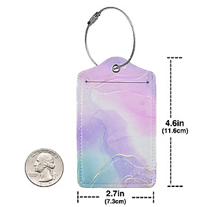 Pink Luggage Tags 2 Pack for Girls Women, Watercolor Light Purple and Cyan Blue Background Leather Suitcase Tags Identifiers, Cute ID and Name Labels with Privacy Covers for Backpack Travel Bag
