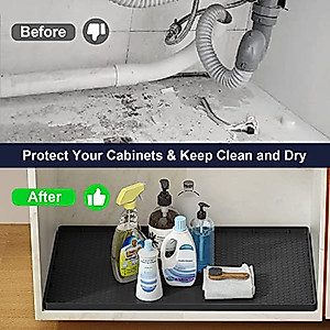 Under Sink Mat - 34" x 22" Waterproof Kitchen Cabinet Mat - Flexible Silicone Under Sink Liner with Drain Hole - Kitchen Bathroom Cabinet Mat and Protector for Drips Leaks Spills (Black)