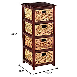 OSP Home Furnishings Seabrook Storage Tower with Solid Wood Frame and Natural Baskets, 4-Drawer, Espresso Finish