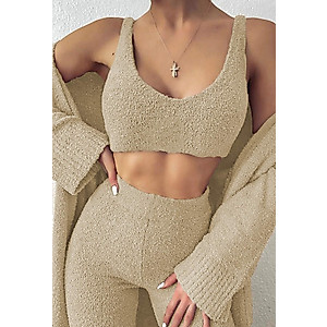 Fixmatti Women 3 Pcs PJ Outfit Set Crop Tops Pants and Open Front Cardigan Tracksuit Lounge Set Camel S