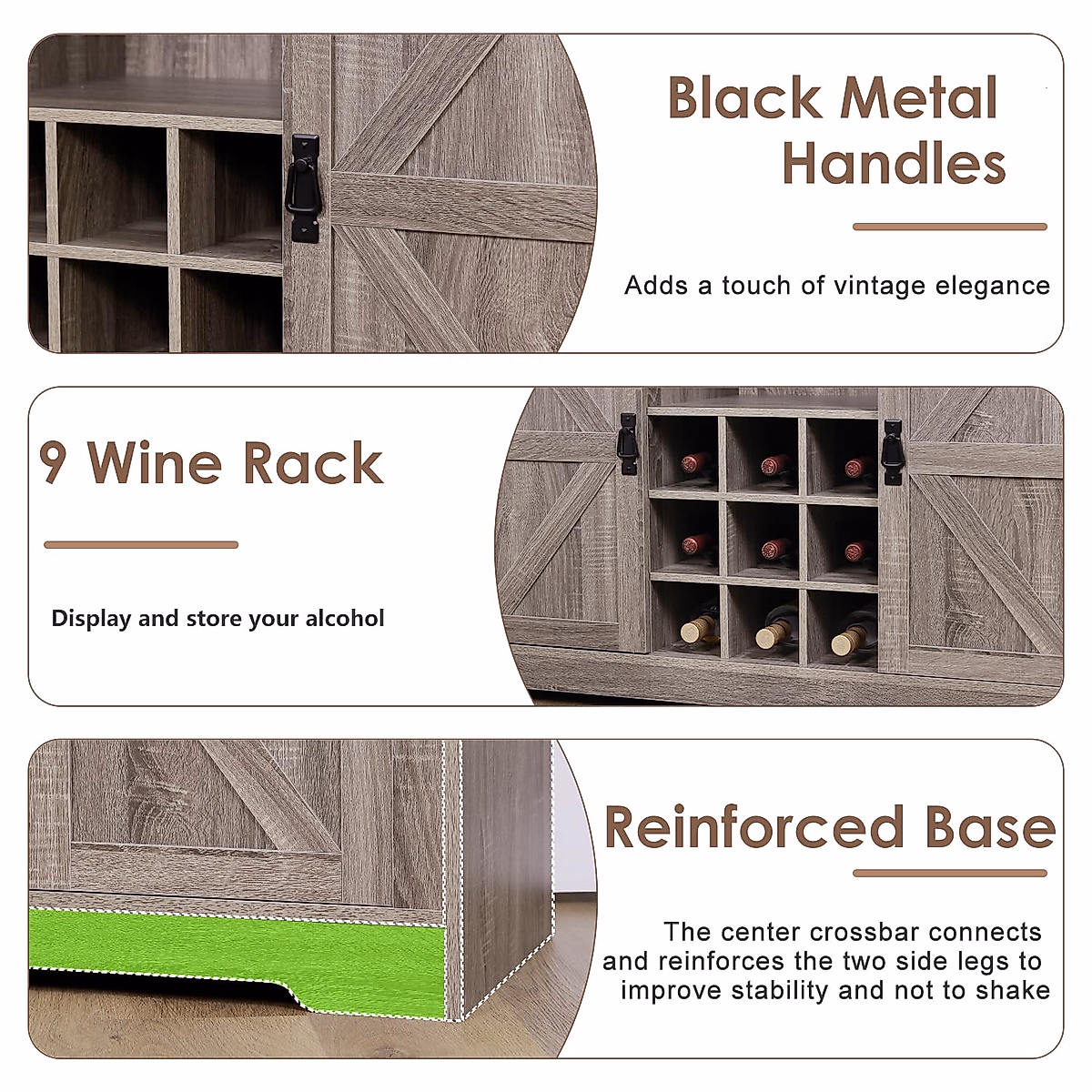 SYESWAY Coffee Bar Cabinet, 47" Farmhouse Sideboard Buffet Cabinet with Sliding Barn Door, Wine Rack & 6 Hooks, Wine Bar Cabinet for Home Dining Living Room, Grey