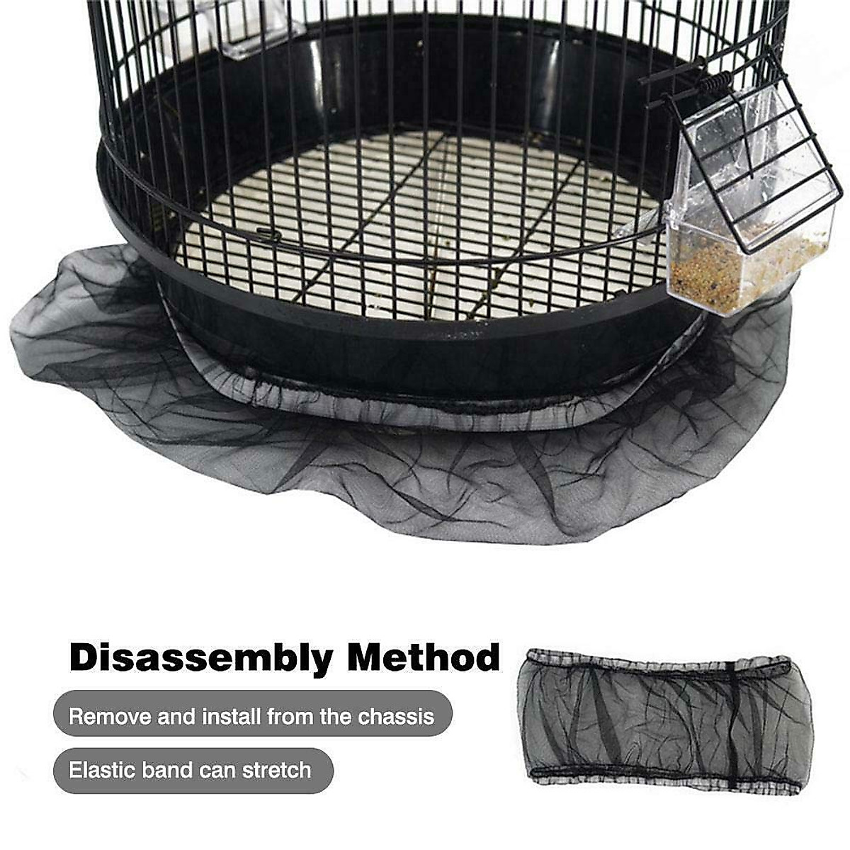 Universal Bird Cage Seed Catcher,Seed Catcher Guard Net Cover,Parrot Nylon Mesh Net Cover,Soft Airy Cage Net Stretchy Skirt for Round Square Cage Father'Day Gift(Circumference 40 inch to 63 inch，Black