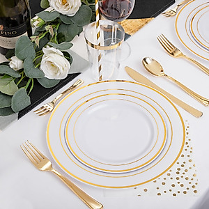 Ciaell 250PCS White and Gold Plastic Plates - Gold Disposable Plastic Plates Sets include 50Plates, 25Knives, 25Forks, 25Spoons, 25Mini Fork, 25 Cups, 25Paper Straws, 50Napkins for Thanksgiving, Party