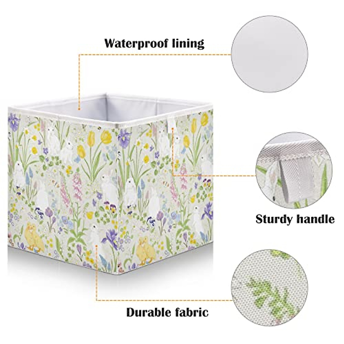Kigai Rectangular Storage Bin Cute Bunny and Floral Foldable Storage Basket Toy Storage Box for Home Organizing Shelf Closet Bins, 15.8 x 10.6 x 7-Inch