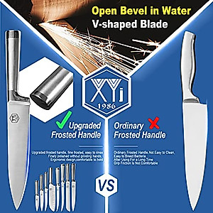 XYJ Authentic Since 1986,9-pieces Professional Japanese Chef Knife Set With Roll Bag,Vegetable Slicer Peeler Stainless Steel Slicing Bread Santoku Knife Kitchen Cutting Cooking Tools Set