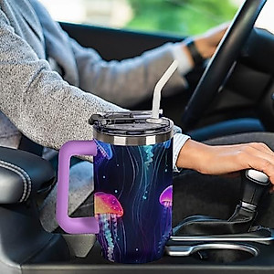 Jellyfish 40 Oz Car Cup Stainless Steel Travel Mug Leak-Proof Insulated Tumbler with Handle Violet-style