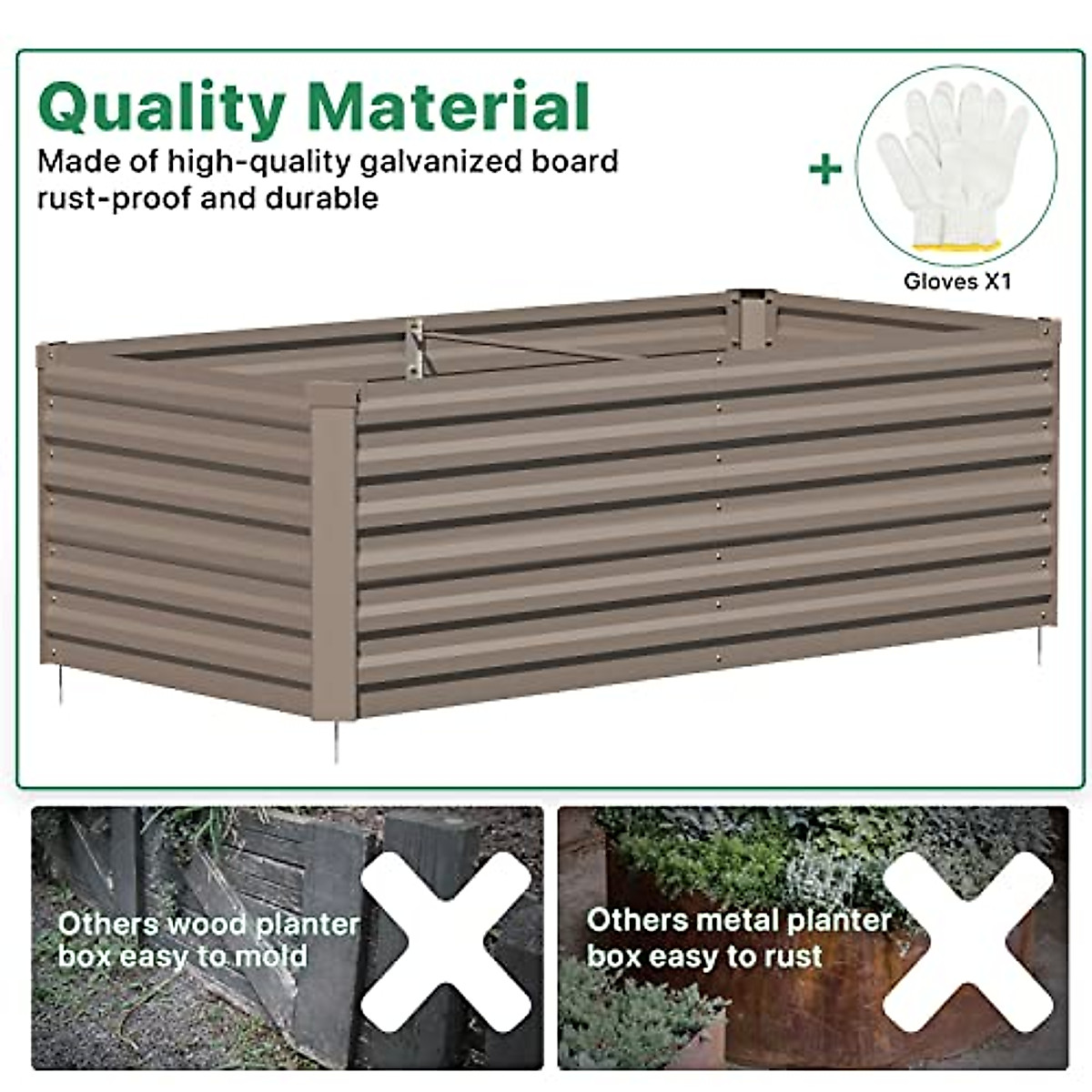 Galvanized Raised Garden Bed Kit For Outdoor , Vegetables , Flowers , Herbs , Steel Large Deep Root Tall Planter Box with 1Pc Gloves and Metal Fix Stake , Brown 6×3×2FT