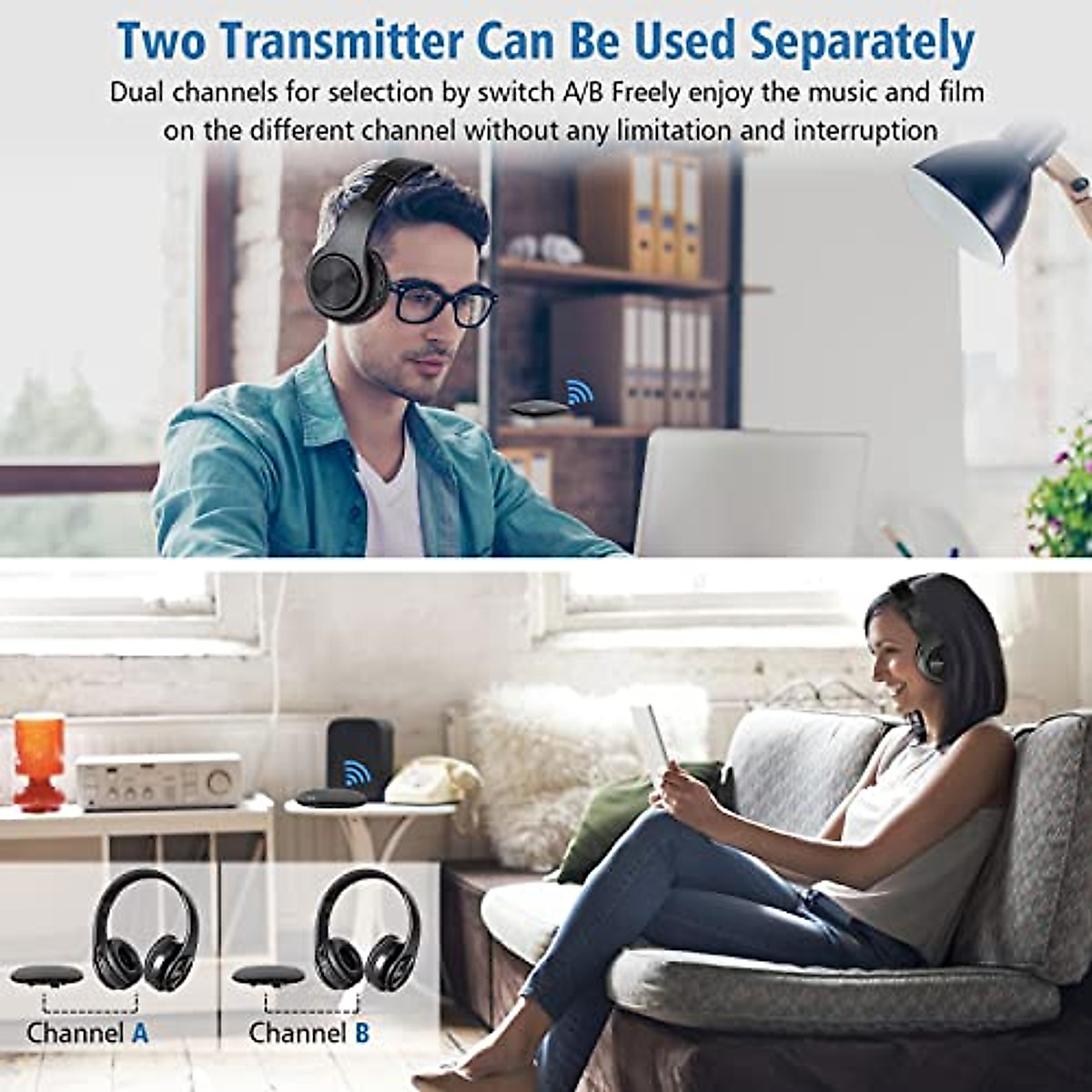 ASTSH Wireless Headphones for TV Watching with 2.4GHz RF Transmitter, Folding Over Ear Headset for Seniors Support Optical RCA AUX, No Delay, 100ft Wireless Range
